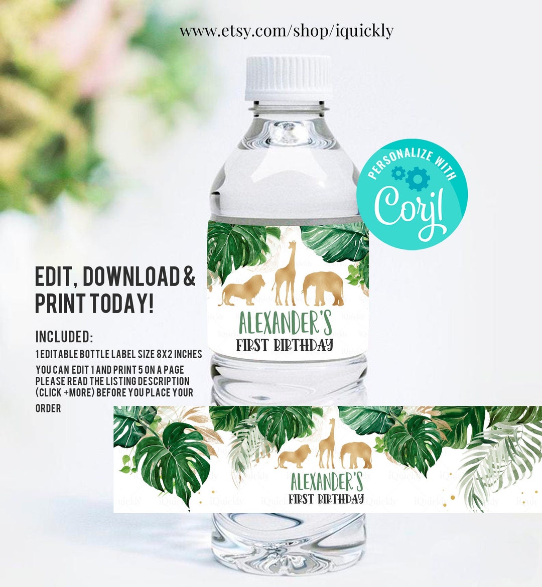 Jungle Gold Bottle Label EDITABLE Boy Safari Animals Water Bottle ...