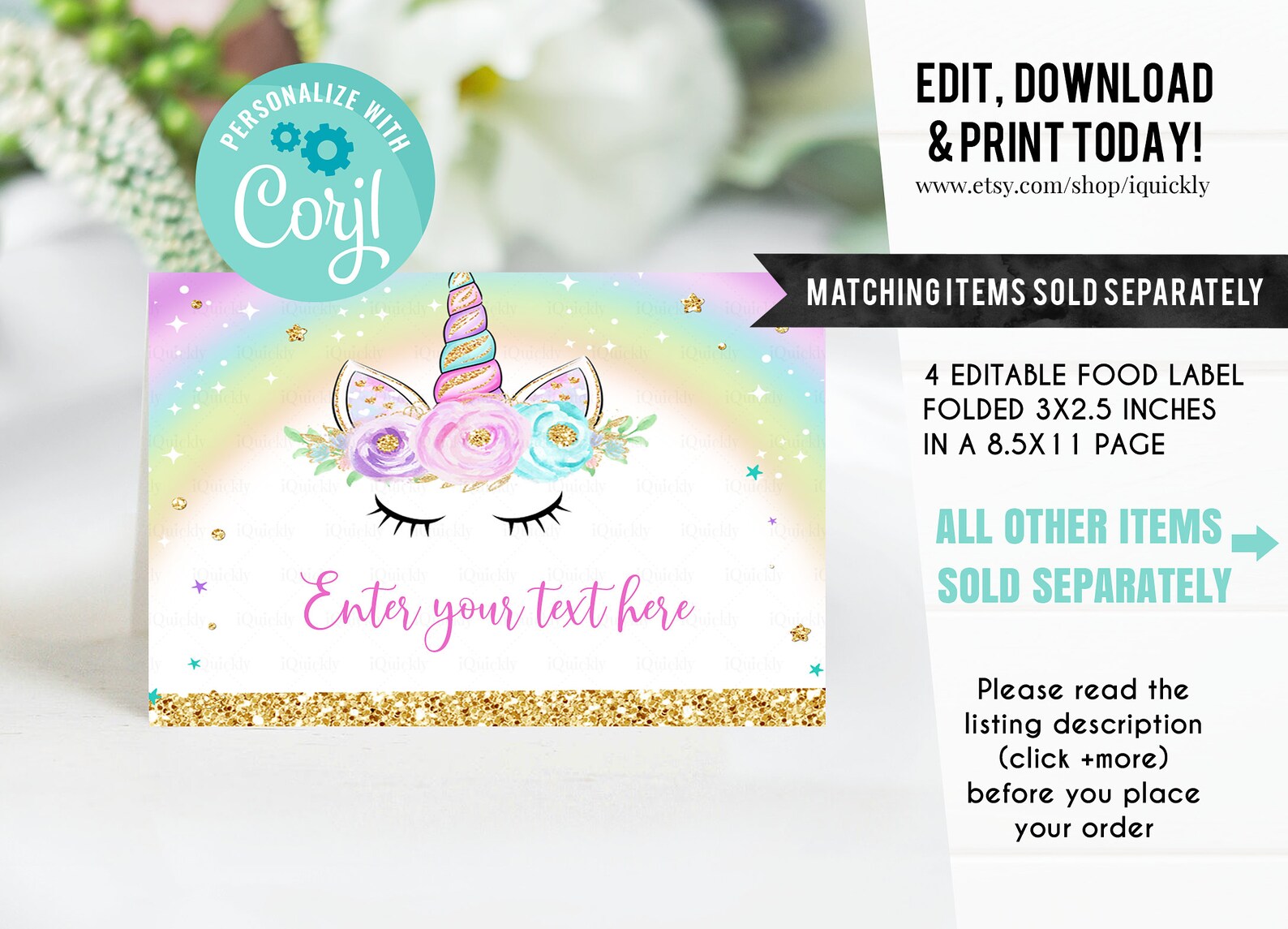 EDITABLE Unicorn Food Tags Buffet Label Tent Card Food Labels Place ...