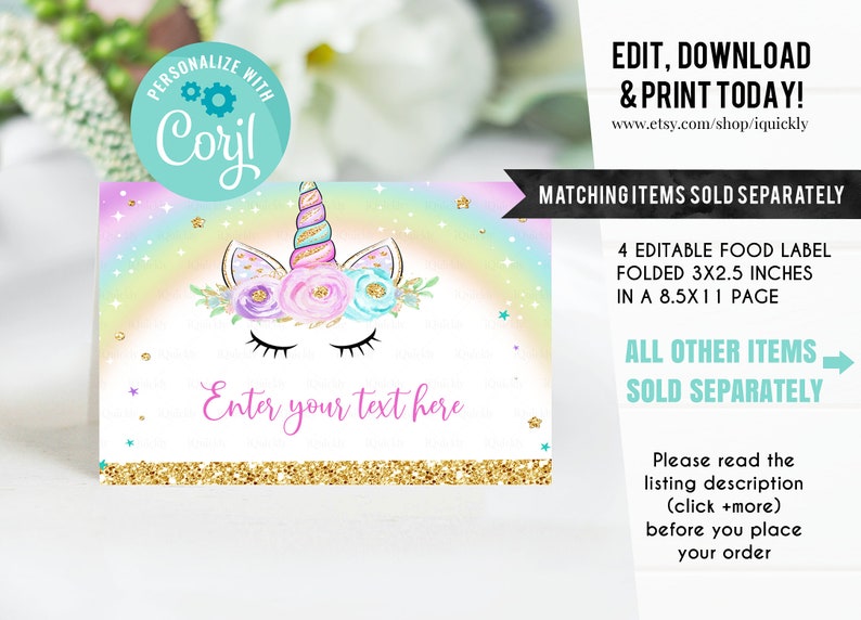 EDITABLE Unicorn Food Tags Buffet Label Tent Card Food Labels Place ...