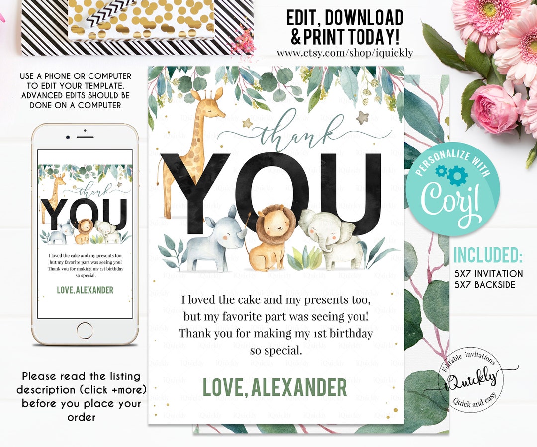 EDITABLE Safari Thank You Card, Jungle First Birthday Note Card, Wild ...