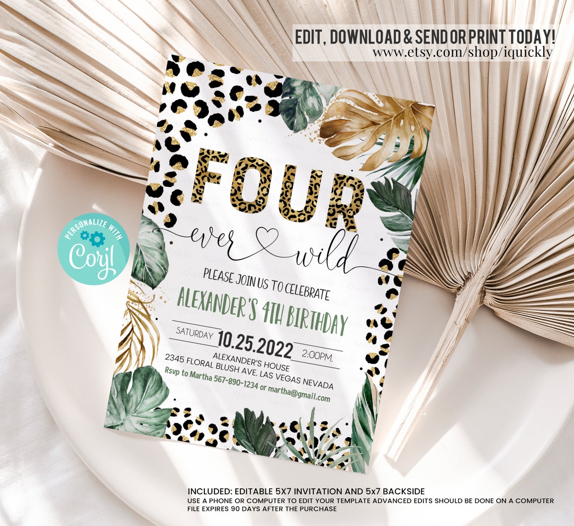 Editable Four Ever Wild Leopard Print Jungle Birthday Party | Etsy