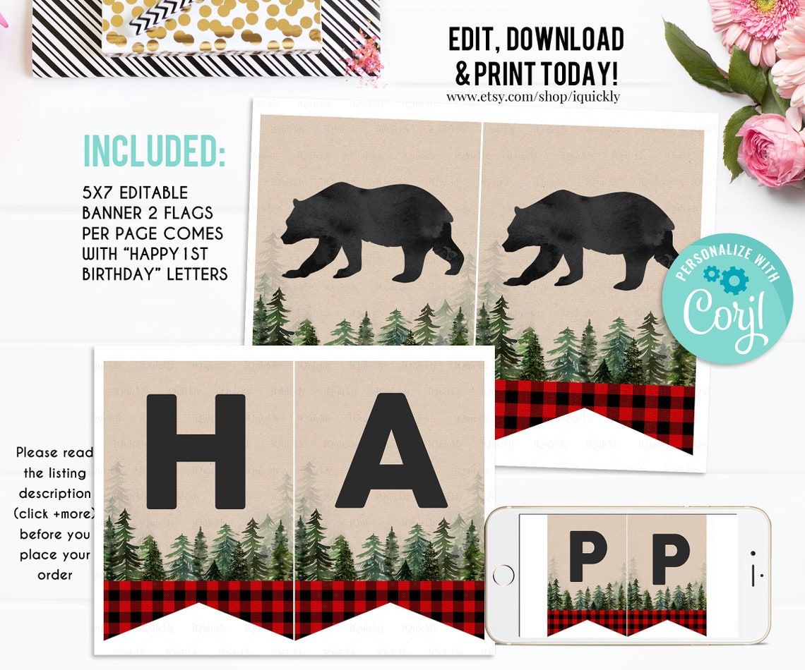 EDITABLE Lumberjack Banner Buffalo Plaid Birthday Banner | Etsy