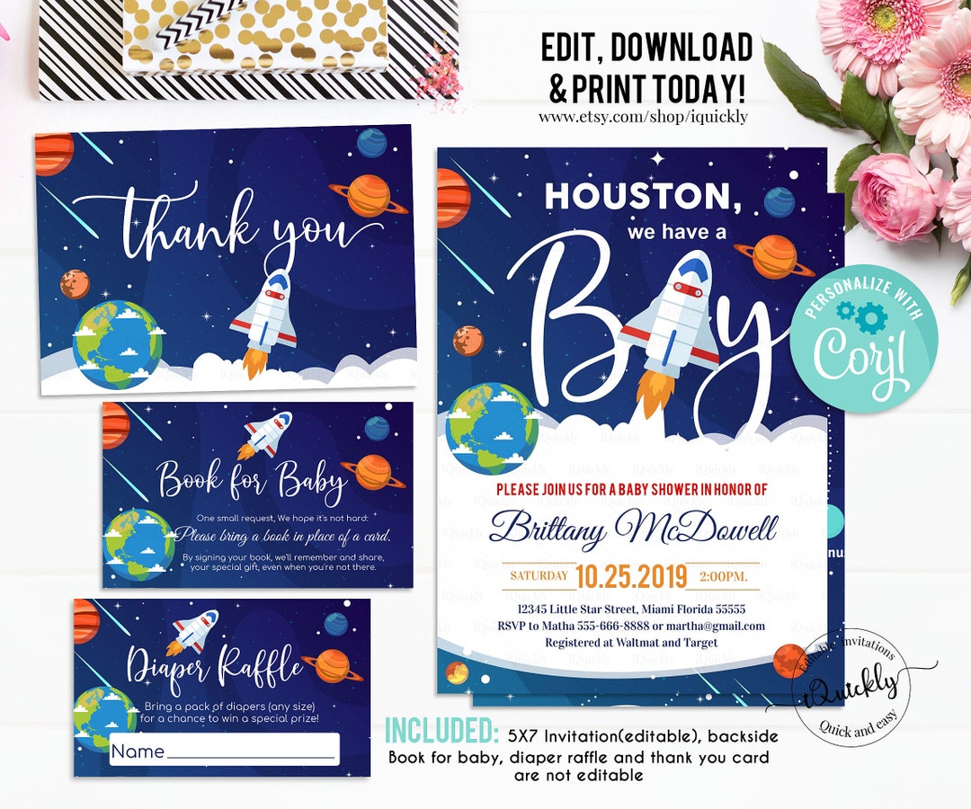 Space Baby Shower Invitation Set, Editable Planet Baby Shower Bundle ...