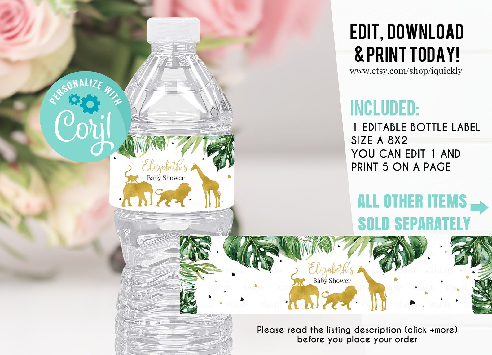 EDITABLE Jungle Gold Baby Shower Bottle Label, Safari Water Labels ...