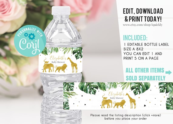 EDITABLE Jungle gold Baby Shower Bottle Label, Safari Water labels ...