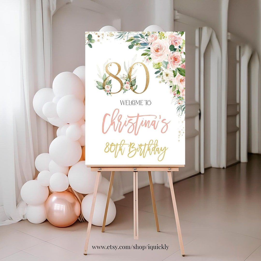 80th Birthday Welcome Sign Editable Modern Welcome Party Sign Floral ...