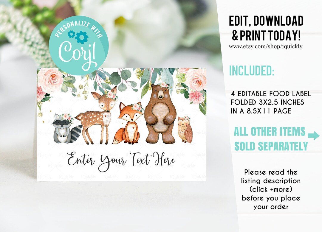EDITABLE Woodland Girl Food Tags, Girl Buffet Label, Forest Animals ...