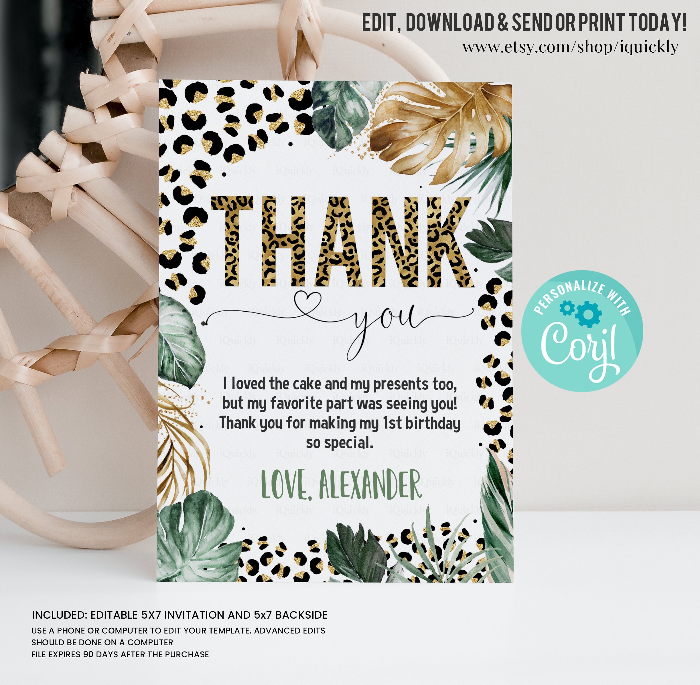 Editable Wild One Leopard Print Thank You Card Jungle Birthday - Etsy