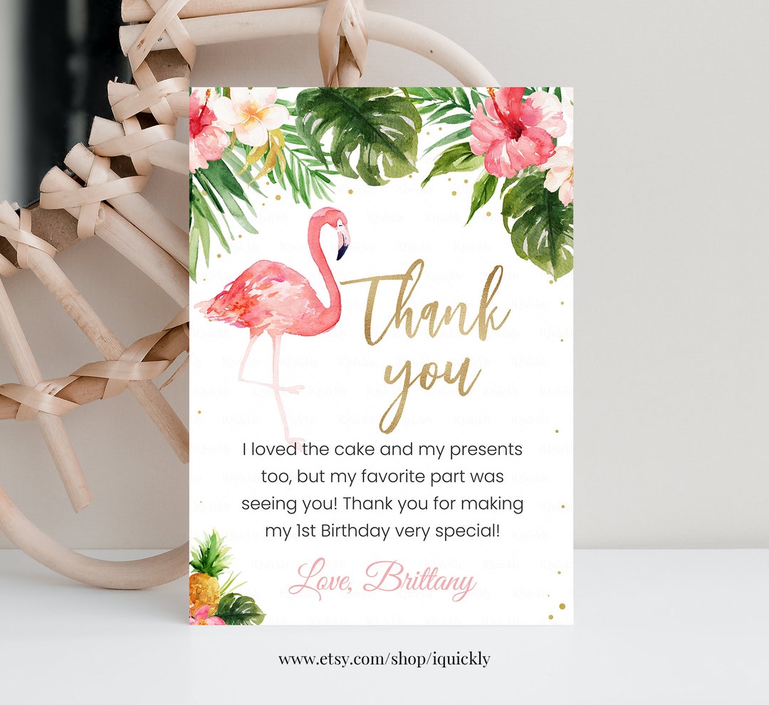 Editable Flamingo Birthday Party Thank You Card Tropical Watercolor ...