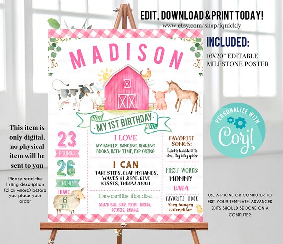 Farm Milestone Birthday Poster EDITABLE First Birthday Chalkboard Sign farm-milestone-birthday-poster-editable-first-birthday-chalkboard-sign
