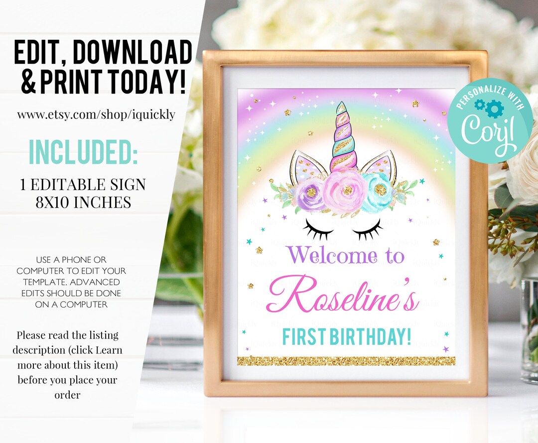 Unicorn Welcome Sign, EDITABLE Unicorn Party Sign, Unicorn Birthday ...