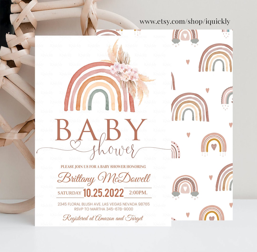 Editable Boho Rainbow Baby Shower Invitation Pink Pampas Grass Boho ...