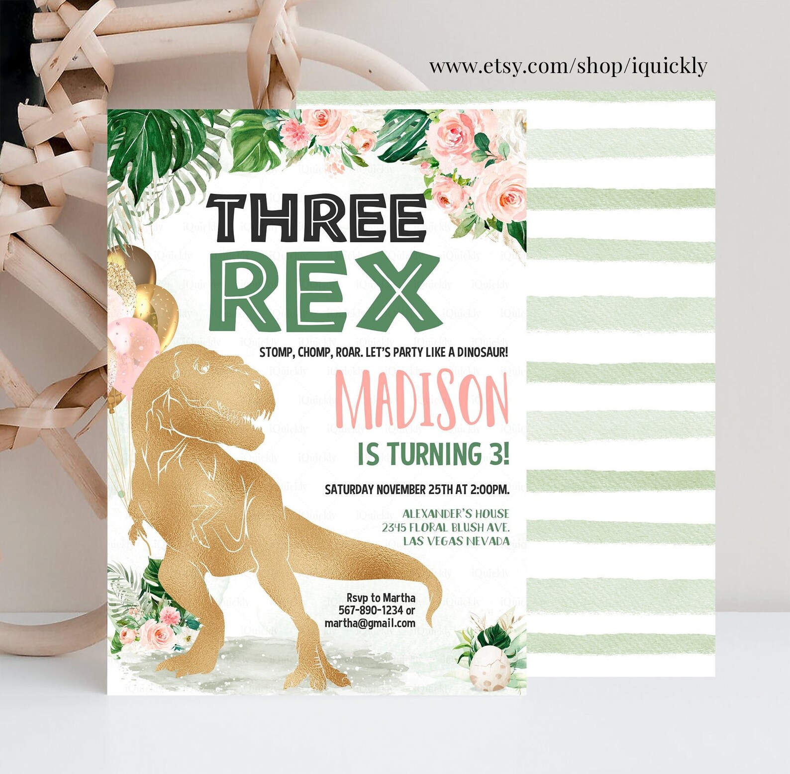 Editable Three Rex Invitation Girl, Dinosaur Birthday Invitation,three ...