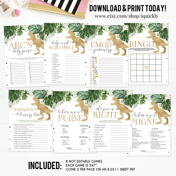 Dinosaur Baby Shower Games, Gold Green Boy Baby Shower Game Bundle ...