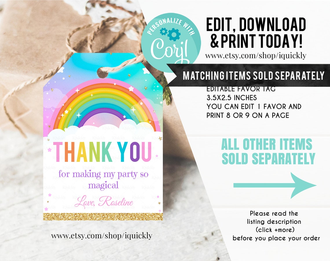 Rainbow Thank You Card EDITABLE, ANY Age, Rainbow Confetti Thank You ...