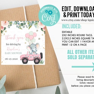Editable Drive by Baby Shower Favor Tag Elephant Drive Through Gift Tag ...
