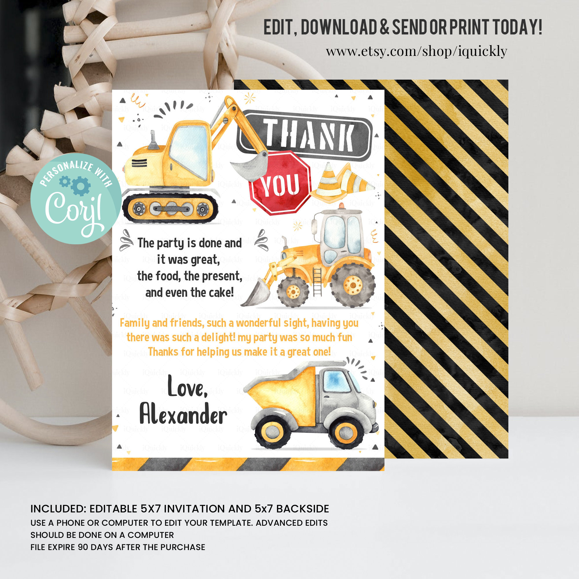 Editable Construction Thank You Card, Construction Birthday Note Card ...