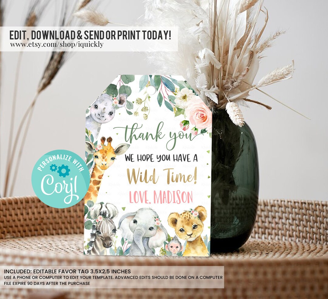 EDITABLE Safari Favor Tags, Girl Wild One 1st Birthday Thank You Tags ...