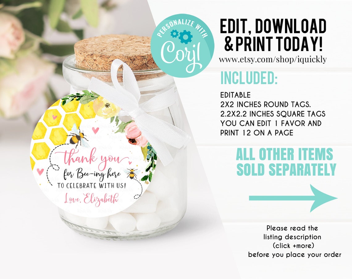 Editable Bee Favor Tags, Honey Bee Thank You Tags, Gift Tags Bumble Bee ...