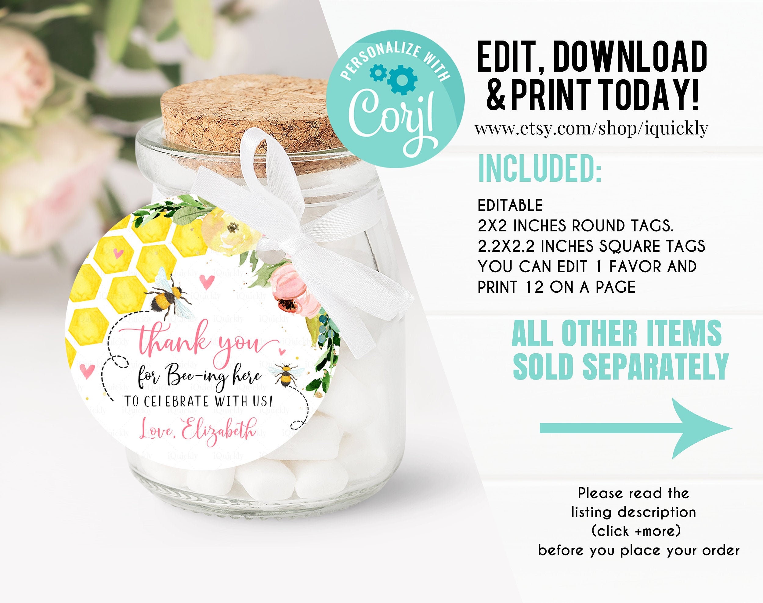 Editable Bee Favor Tags, Honey Bee Thank You Tags, Gift Tags Bumble Bee ...