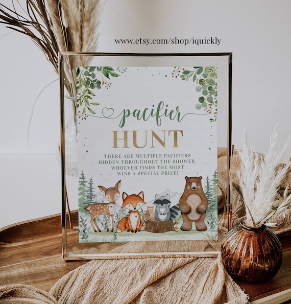 Pacifier Hunt Game Sign Woodland Baby Shower Game Greenery Woodland ...