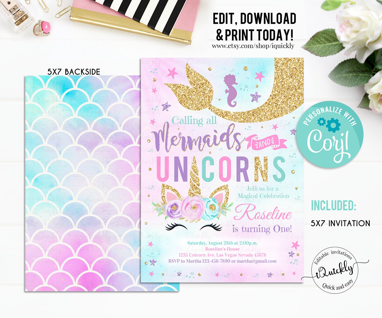 Unicorn Mermaid Birthday Invitation Editable, Mermaid Unicorn Invite ...