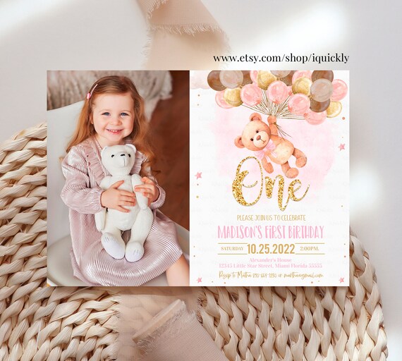Editable Teddy Bear Birthday Invitation Girl Bear Themed Invite,1st ...