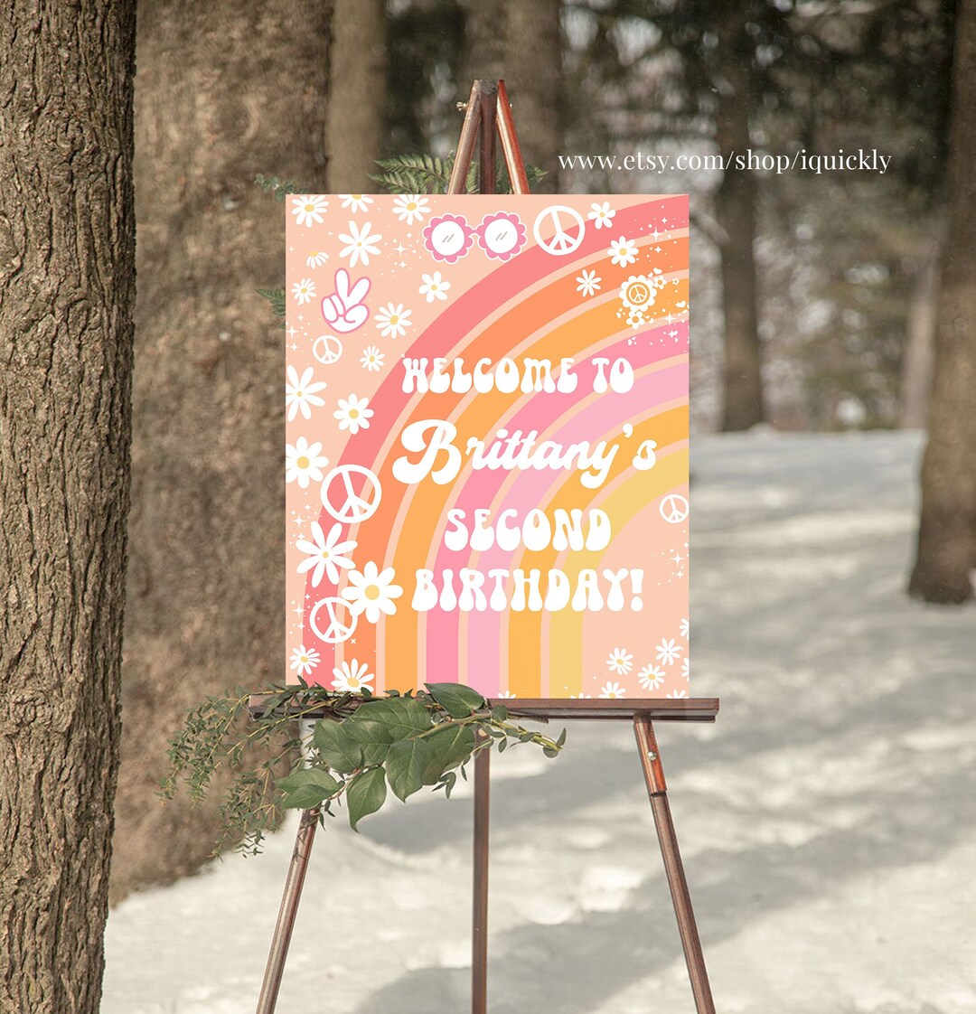 Editable Groovy Welcome Sign Daisy Party Sign Welcome Hippie Retro ...