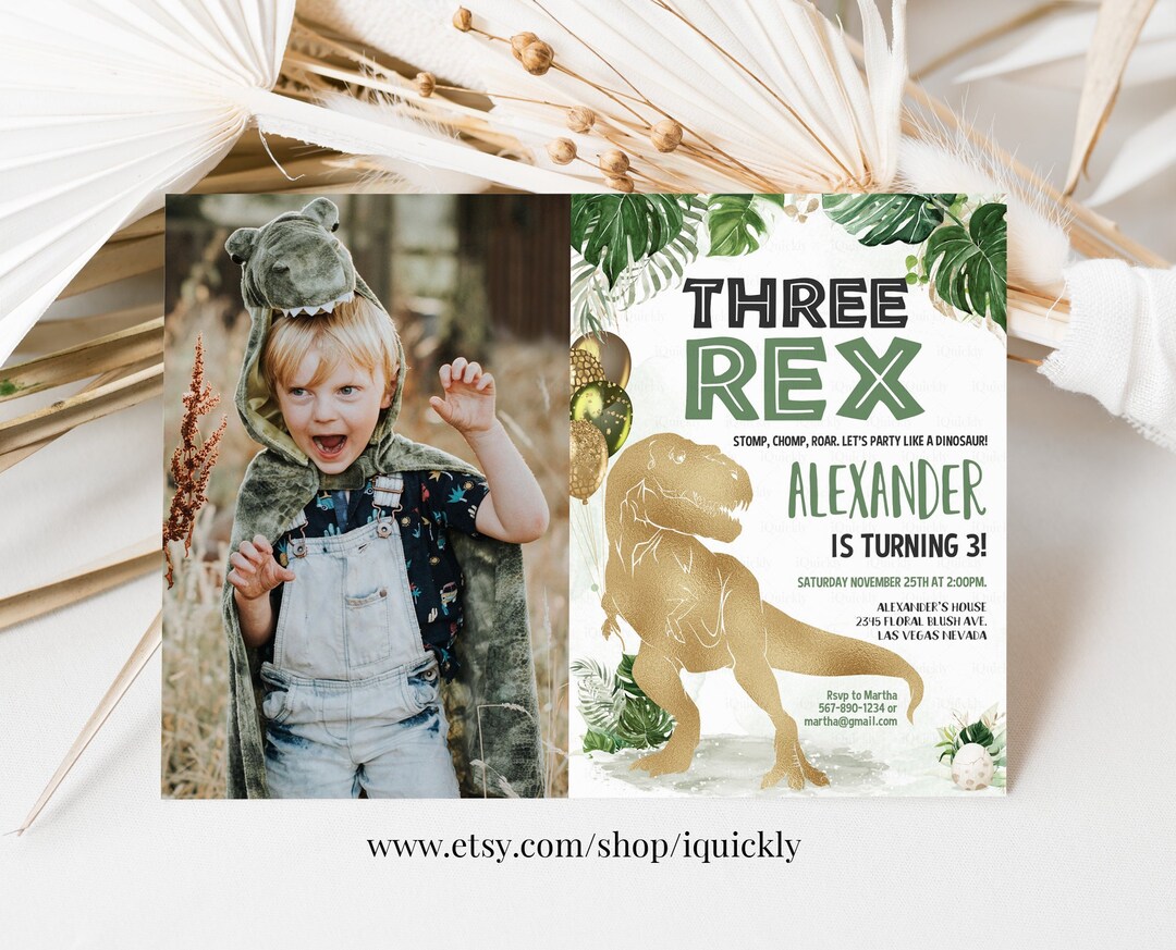 Editable Three Rex Invitation Boy, Dinosaur Birthday Invitation,three ...