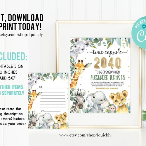 EDITABLE Safari Time Capsule and Matching Note Cards Jungle - Etsy