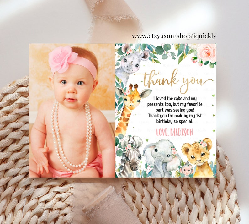EDITABLE Safari Birthday Thank You Card, Girl Wild One 1st Birthday ...