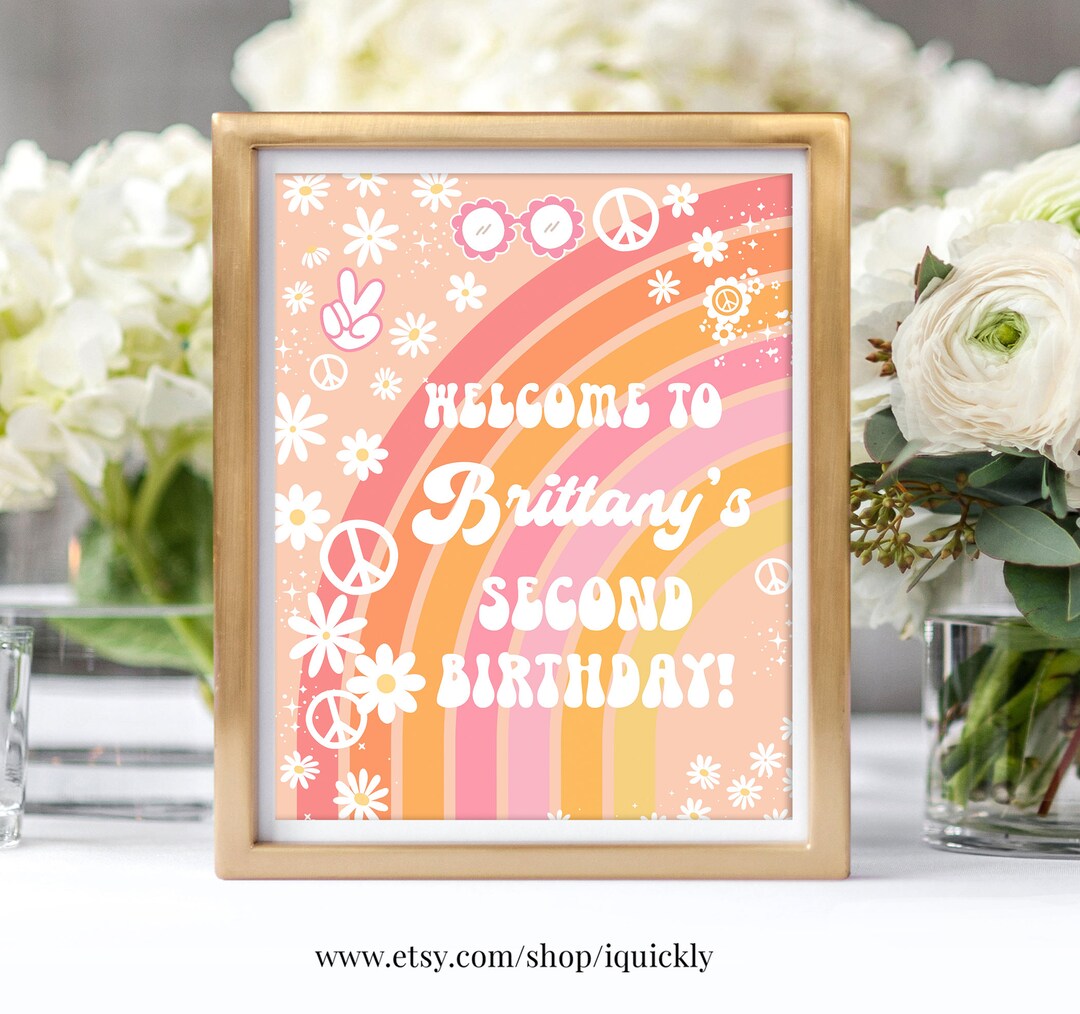 Editable Groovy Welcome Sign Daisy Party Sign Welcome Hippie Retro ...