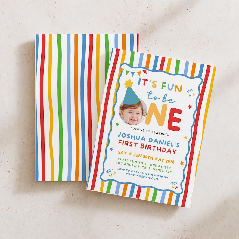 It's Fun to Be One Birthday Water Bottle Label Editable Photo Boy's ...