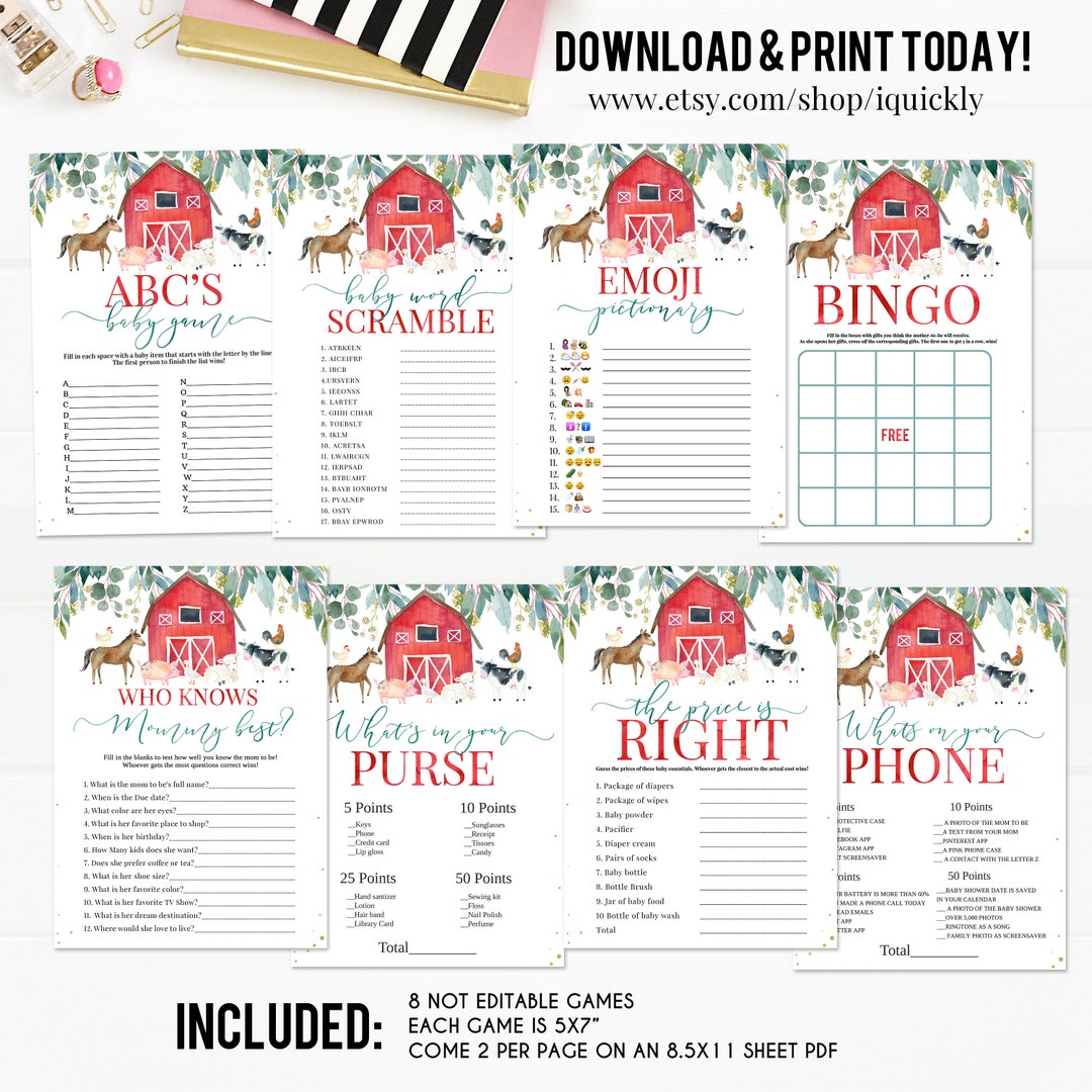 Farm Baby Shower Games, Red Farm Animals Baby Shower Game Bundle, Boy ...