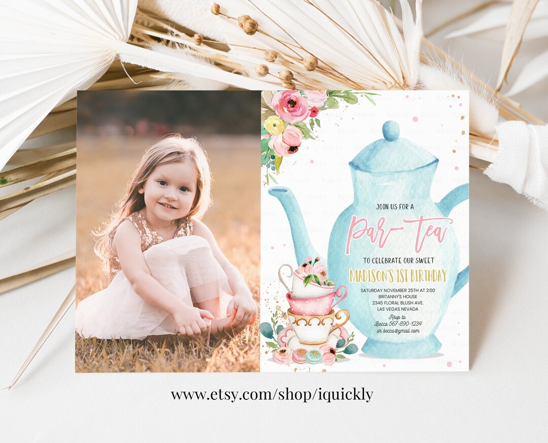 Editable Tea Party Birthday Invitation Girl Par-tea Invite Floral Pink ...