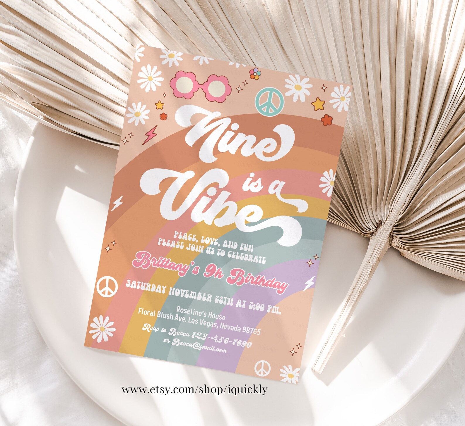 Editable 9th Groovy Birthday Invitation Nine is a Vibe Daisy Rainbow ...