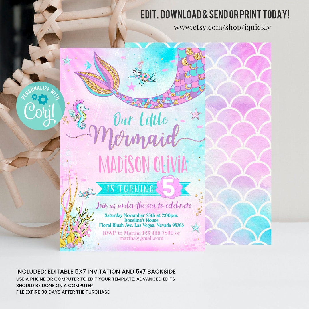 Editable Mermaid Birthday Invitation,mermaid Invite,under the Sea ...