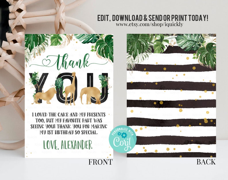 EDITABLE Safari Thank You Card, Gold Jungle Birthday Thank You Note ...