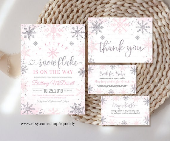 Editable Snowflake baby shower invitation Set, A little snowflake is on ...