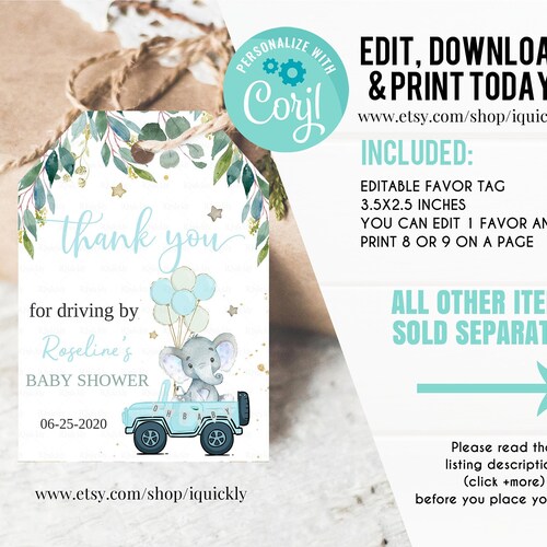 Editable Drive by Baby Shower Favor Tag Elephant Drive Through - Etsy