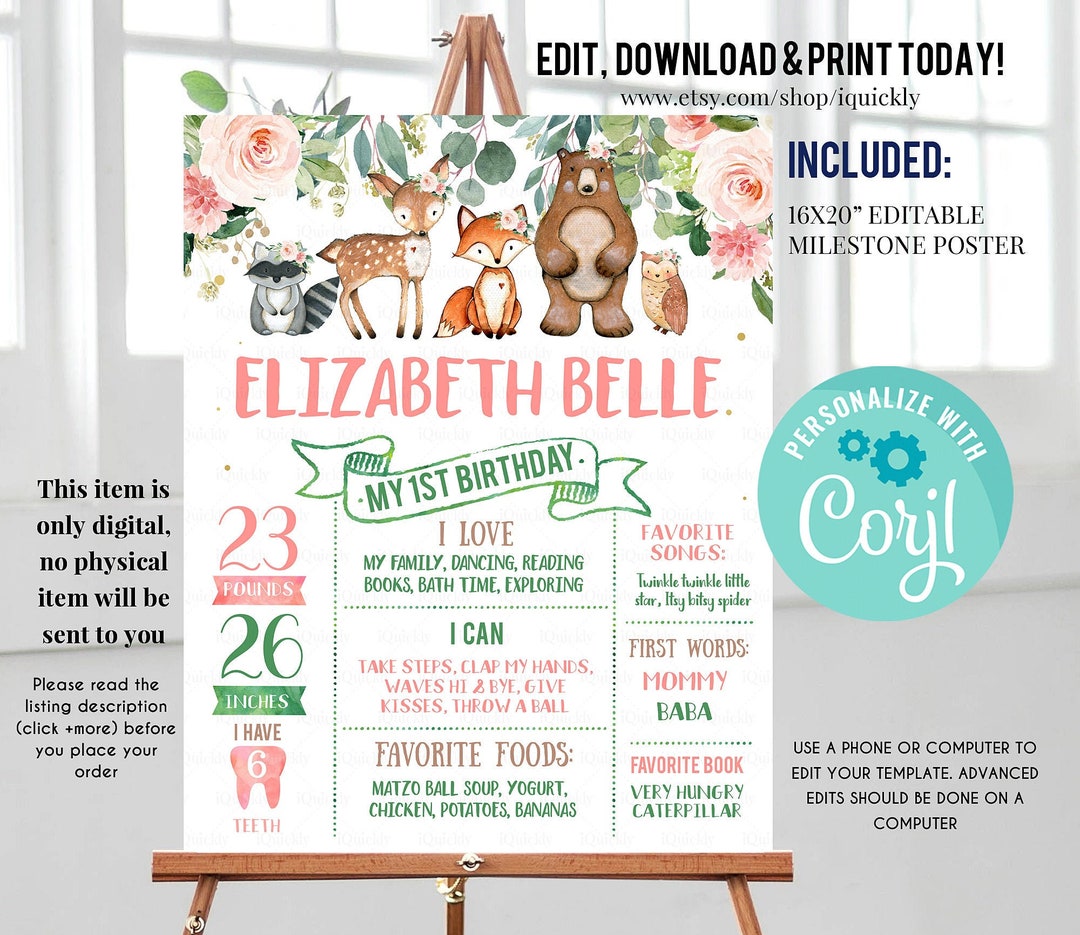 Woodland Milestone Birthday Poster, EDITABLE First Birthday Chalkboard ...