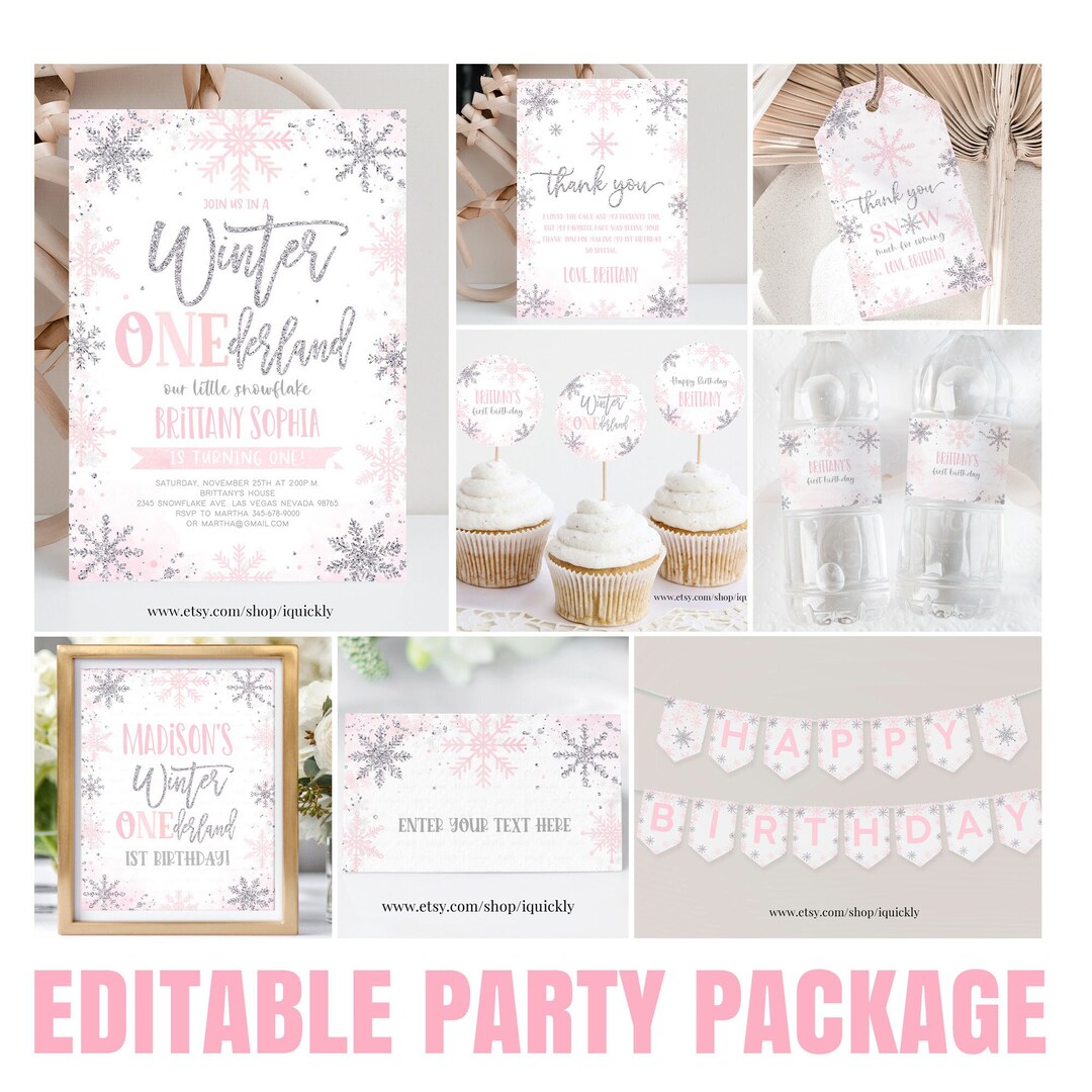 Editable Winter Onederland Party Decorations Girl Snowflake Package ...