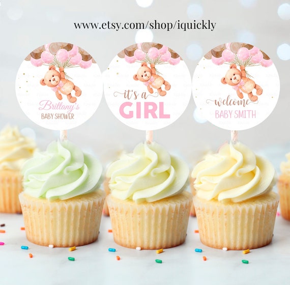 EDITABLE Teddy bear baby shower Cupcake Toppers,Girl Baby Shower ...