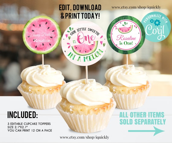 EDITABLE Watermelon Cupcake Toppers, One in a melon Circle Party ...