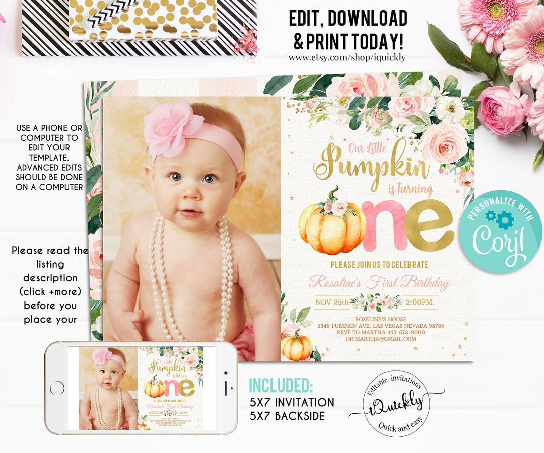 Editable Pumpkin First Birthday Invitation, Floral Pink and Gold Little ...