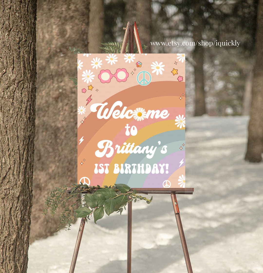 Editable Groovy Welcome Sign Daisy Party Sign Welcome Hippie Retro ...
