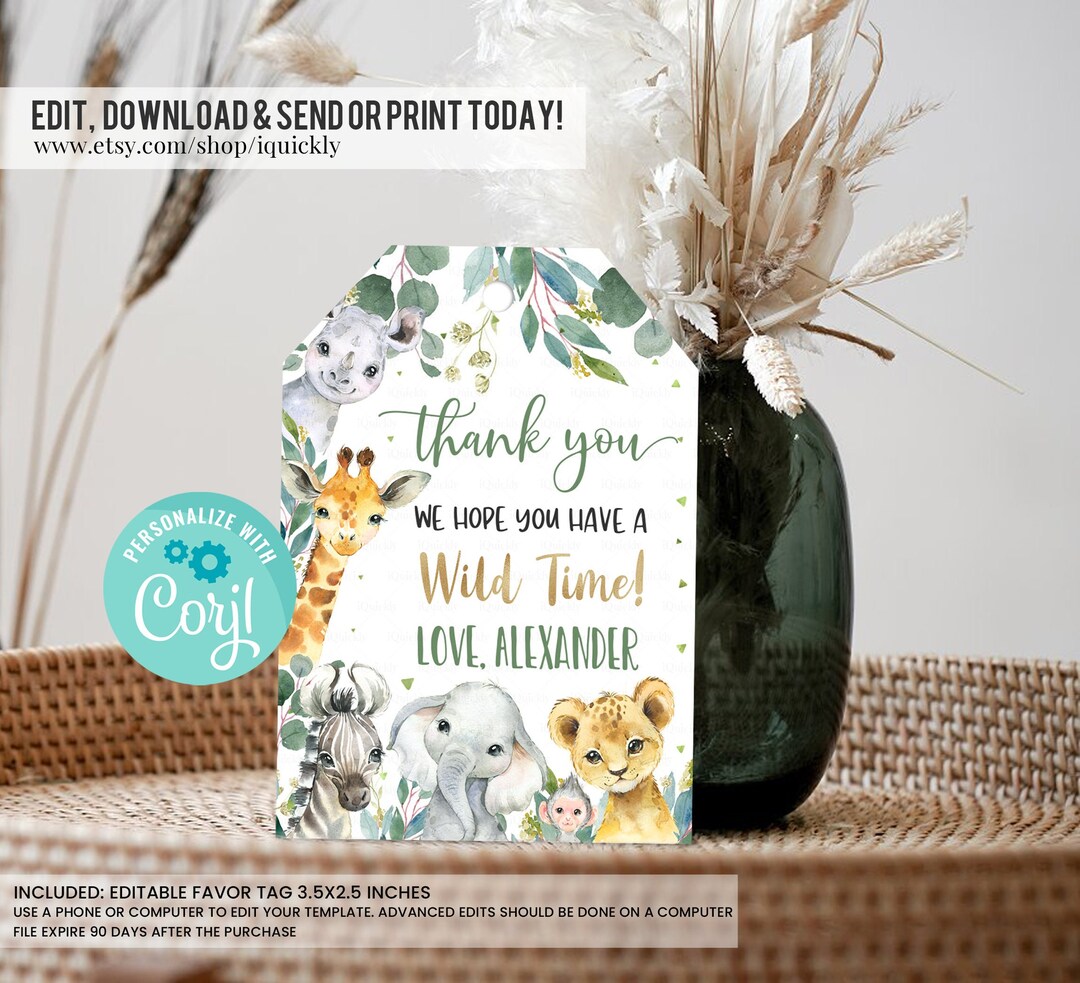 EDITABLE Safari Favor Tags, Boy Wild One 1st Birthday Thank You Tags ...