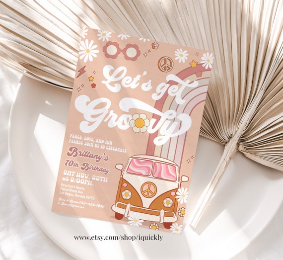 Editable ANY AGE Pink Groovy Van Daisy Rainbow Let's Get Groovy ...