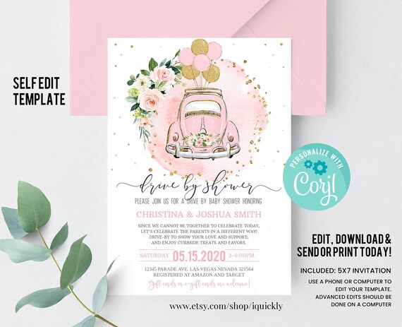 Editable Drive By Baby Shower Invitation Pink Floral Drive Through Baby ...