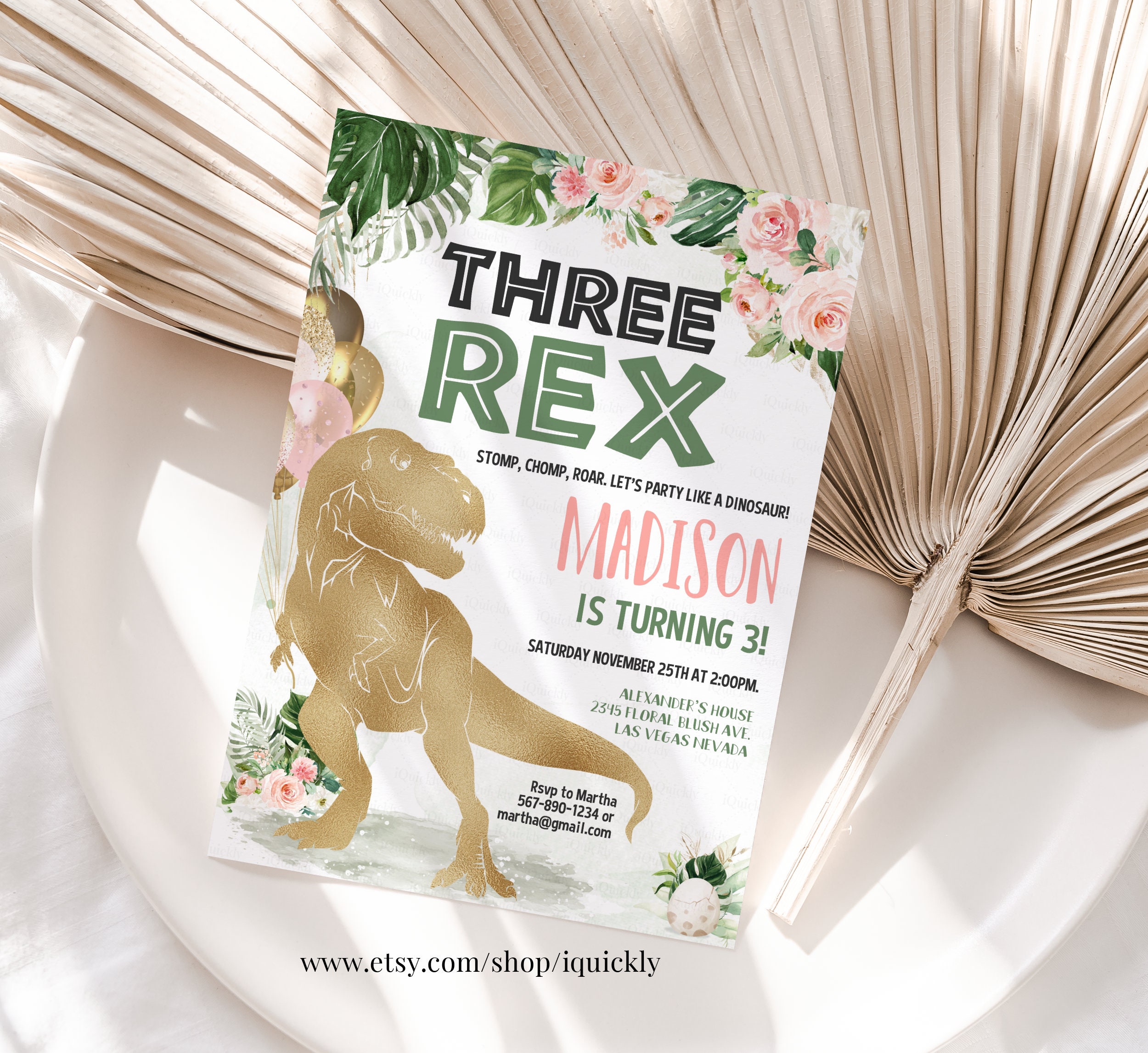 Editable Three Rex Invitation Girl, Dinosaur Birthday Invitation,three ...